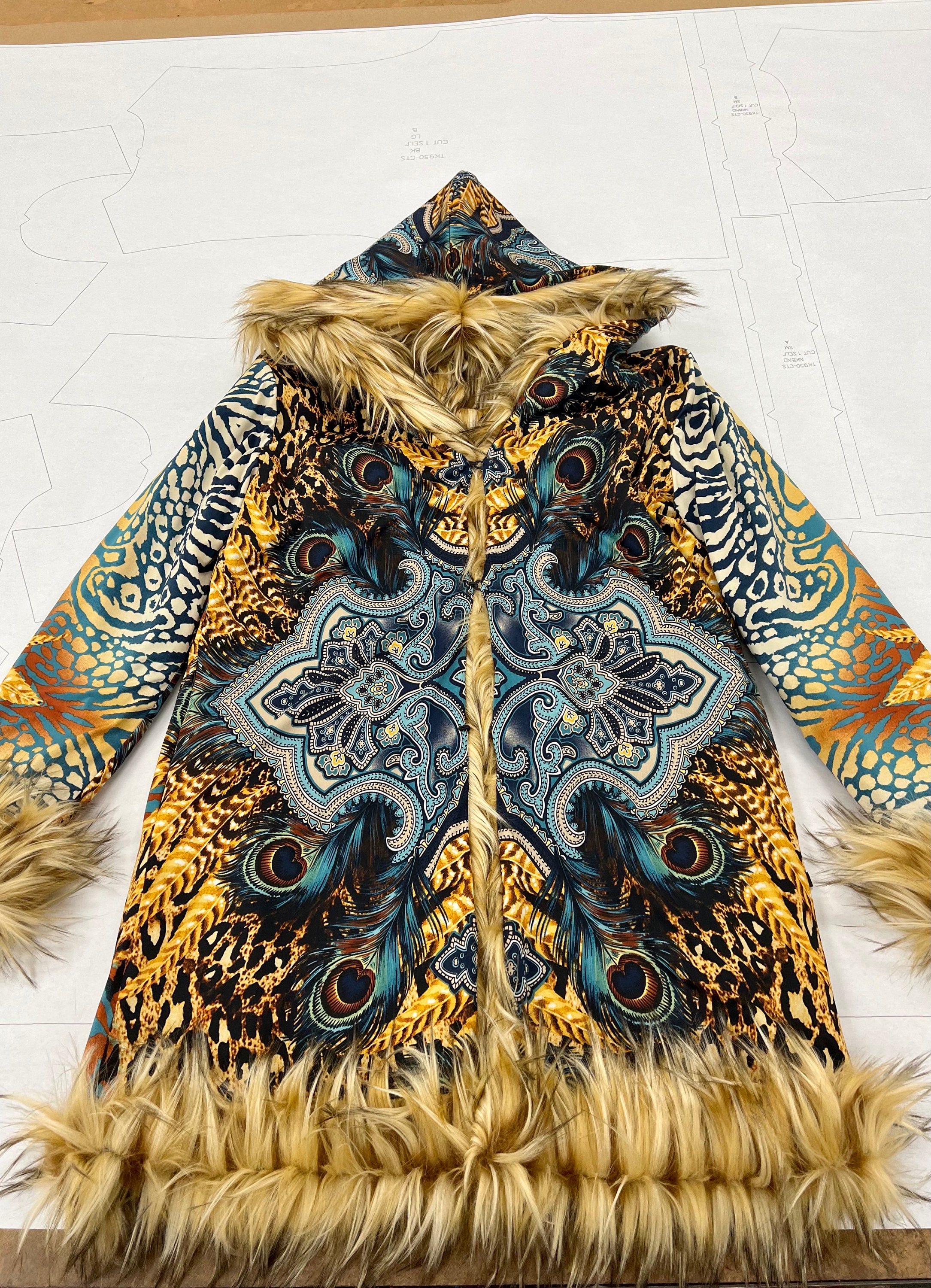 Trippy Story Coat Fox Fur Feathers Playa Faux Fake Animal Print Boho ...