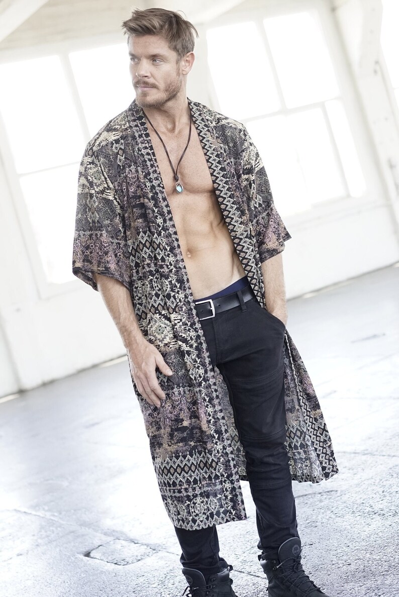 Earthy Long Festival Kimono Mens Boho Clothing Beach Coverup Nomad Tunic Handmade Ibiza Tulum ...