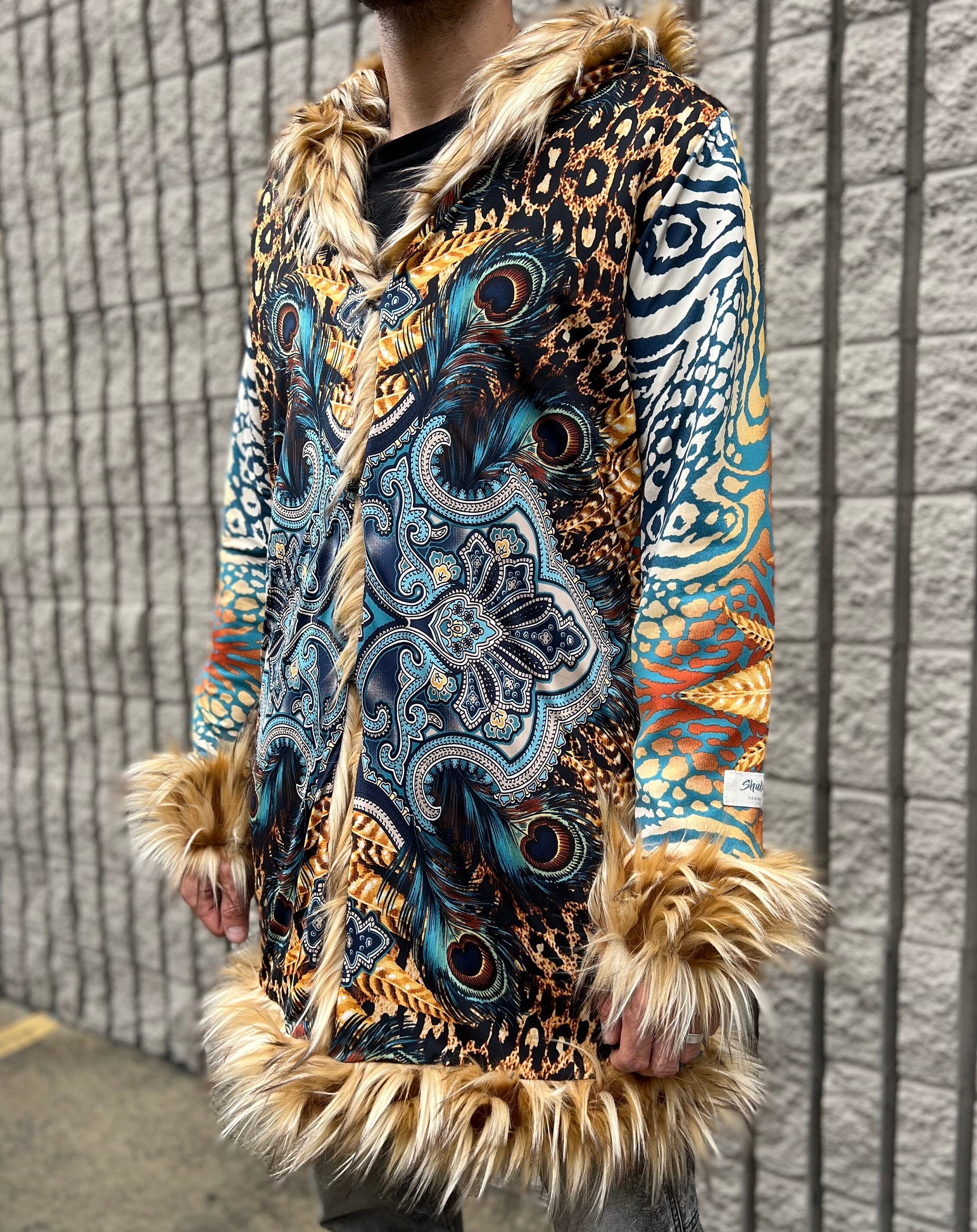 Trippy Story Coat Fox Fur Feathers Playa Faux Fake Animal Print Boho ...