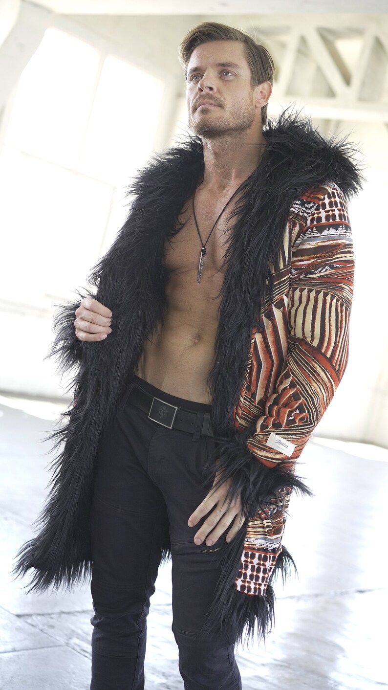 Geo Burning Man Red Unique Fox Festival Coat Trippy Faux Fur Bohemian ...