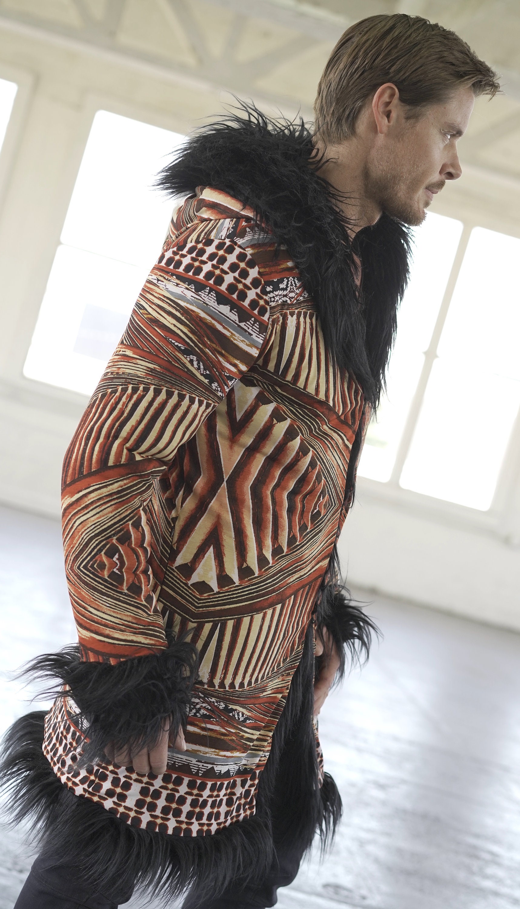 Geo Burning Man Red Unique Fox Festival Coat Trippy Faux Fur Bohemian ...