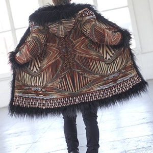 Geo Burning Man Red Unique Fox Festival Coat Trippy Faux Fur Bohemian ...