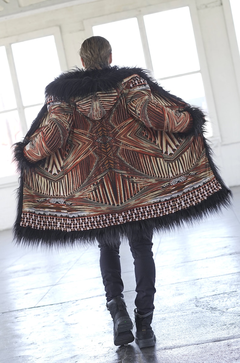 Geo Burning Man Red Unique Fox Festival Coat Trippy Faux Fur Bohemian ...
