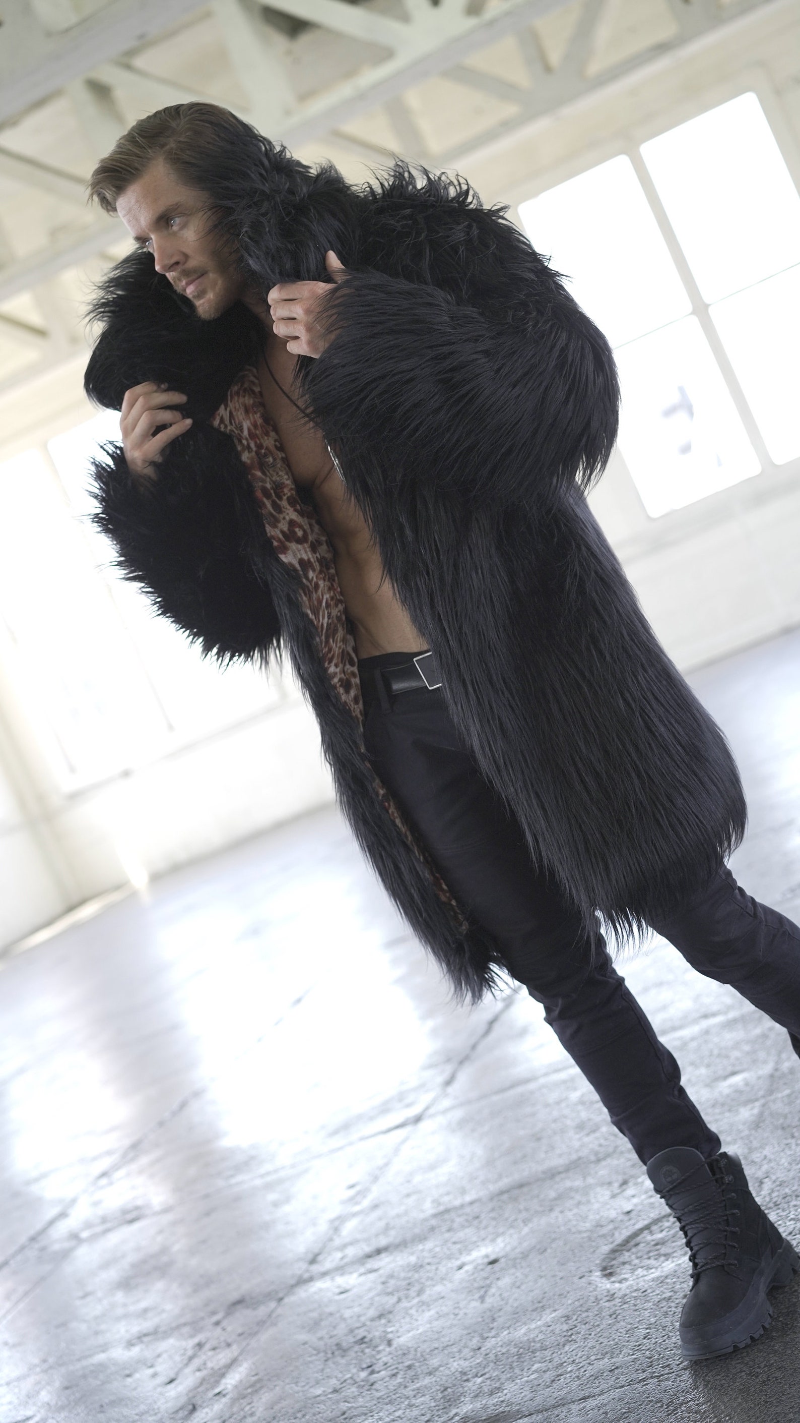 Animal Print Black Fur Festival Coat Gift for Him Trippy Faux Bohemian ...