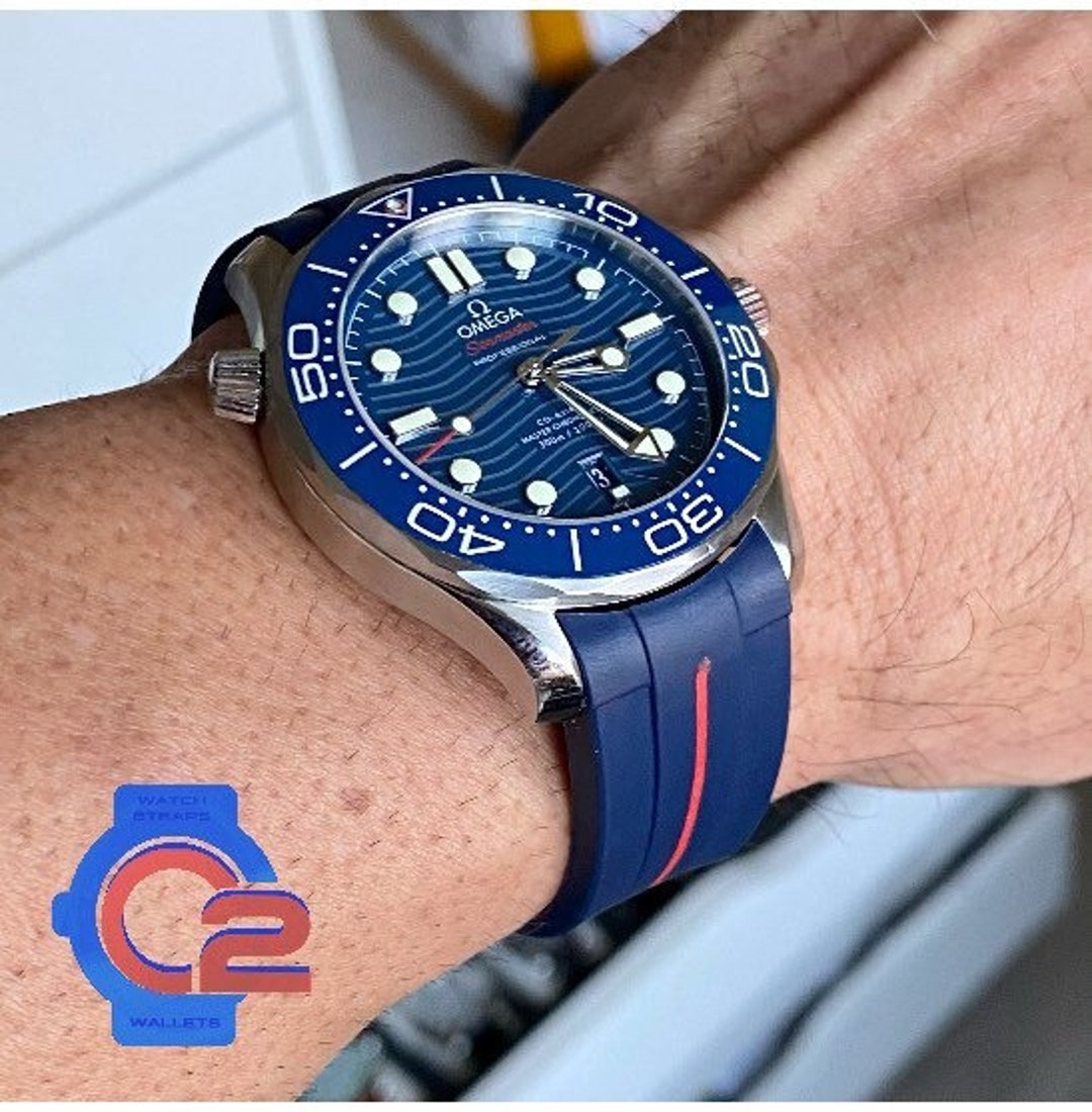 20mm Vulcanized Rubber BLUE Strap Fits OMEGA Seamaster Watch RED Stripe ...