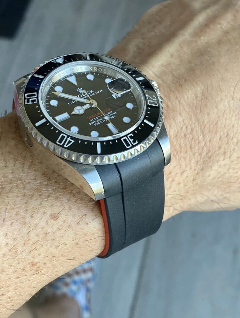 22mm BLACK/RED Vulcanized Rubber Strap Band Perfect Fit 43mm Rolex Sea ...