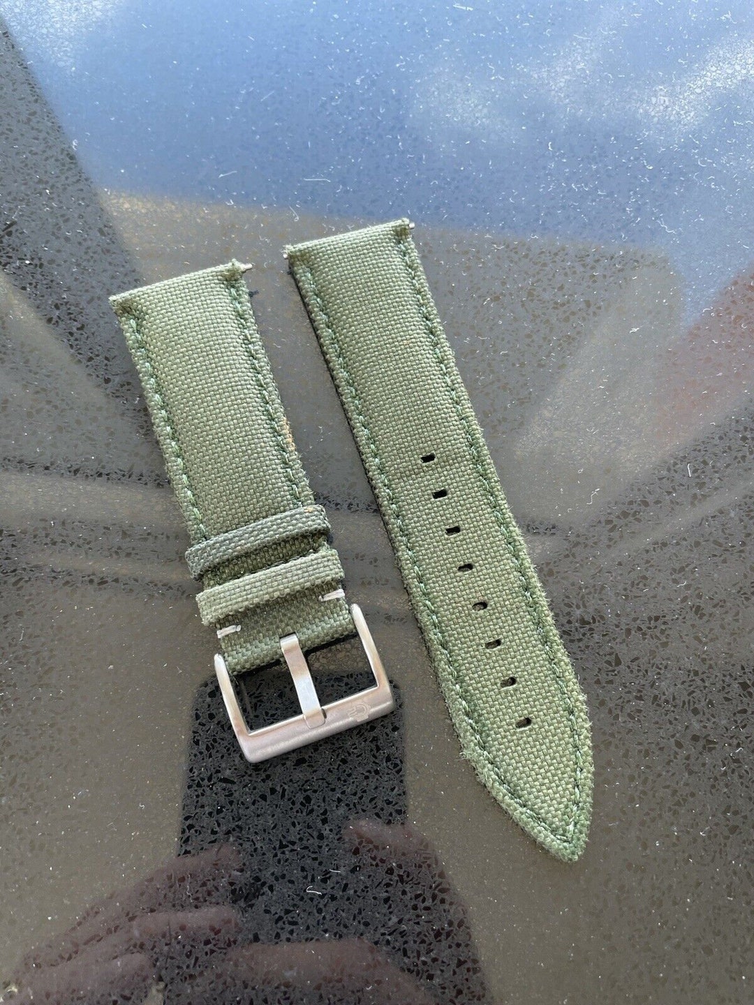 24mm Olive Green Sailcloth Double Sided Watch Band Strap Green Stitch ...