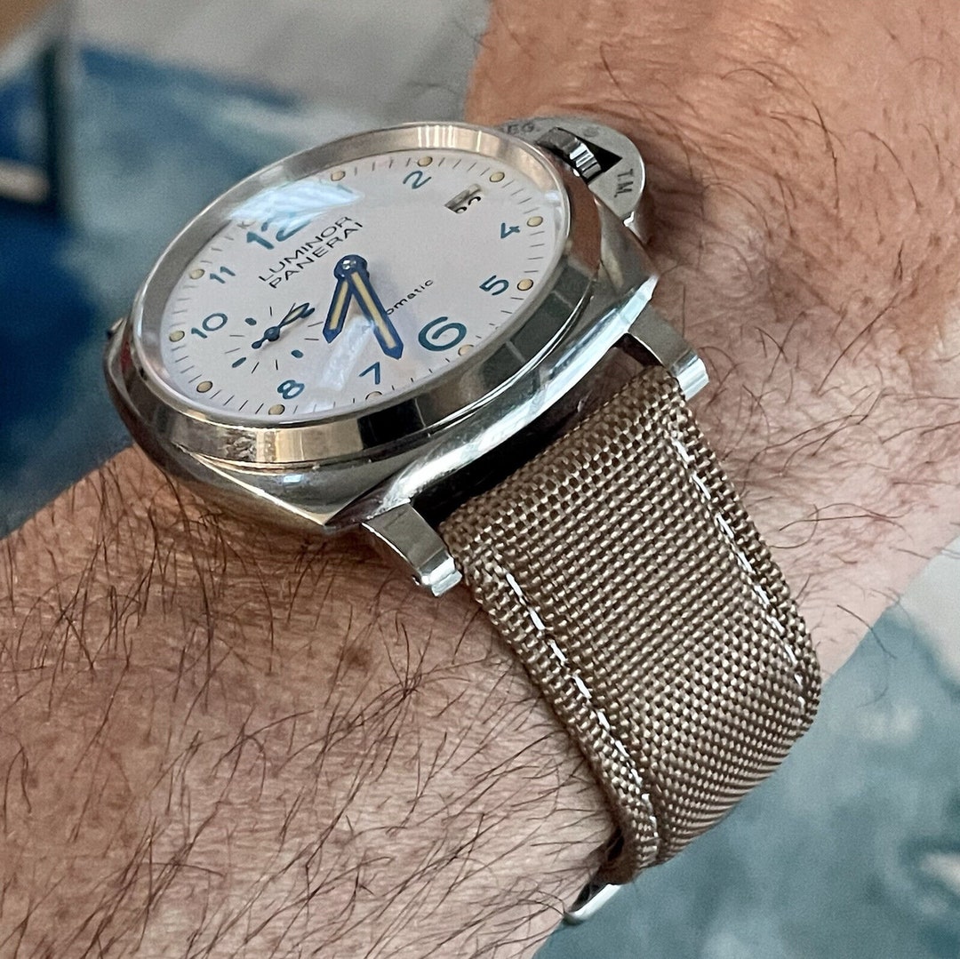 21mm Brown Sailcloth Canvas/leather Watch Band Strap White Stitch Qr ...