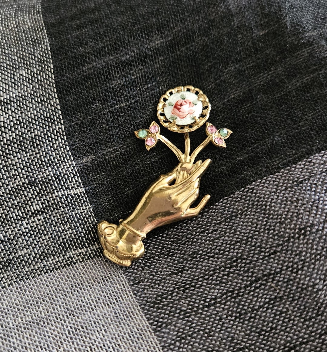 1940's Coro Hand Pin Brooch Holding a Bouquet of Flowers on Guilloche ...