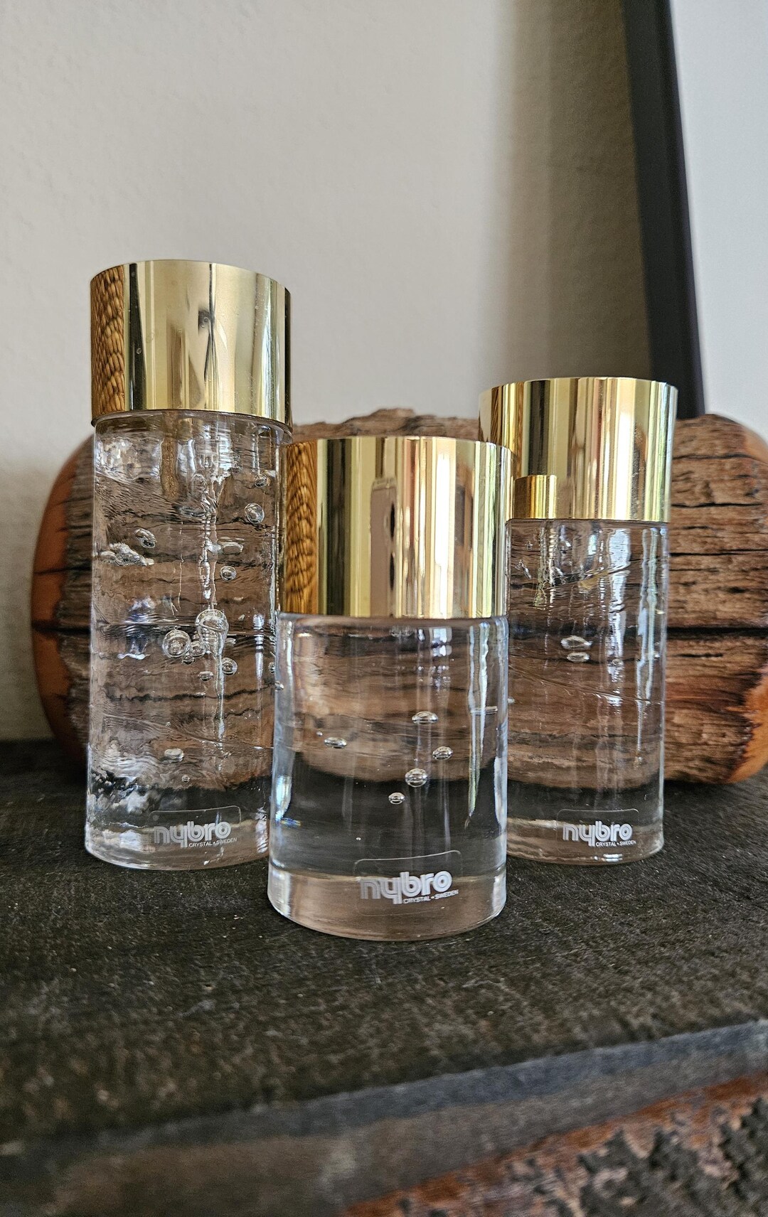 1980's Nybro Crystal Sweden Glass and Brass Candle Votive Holders Set ...