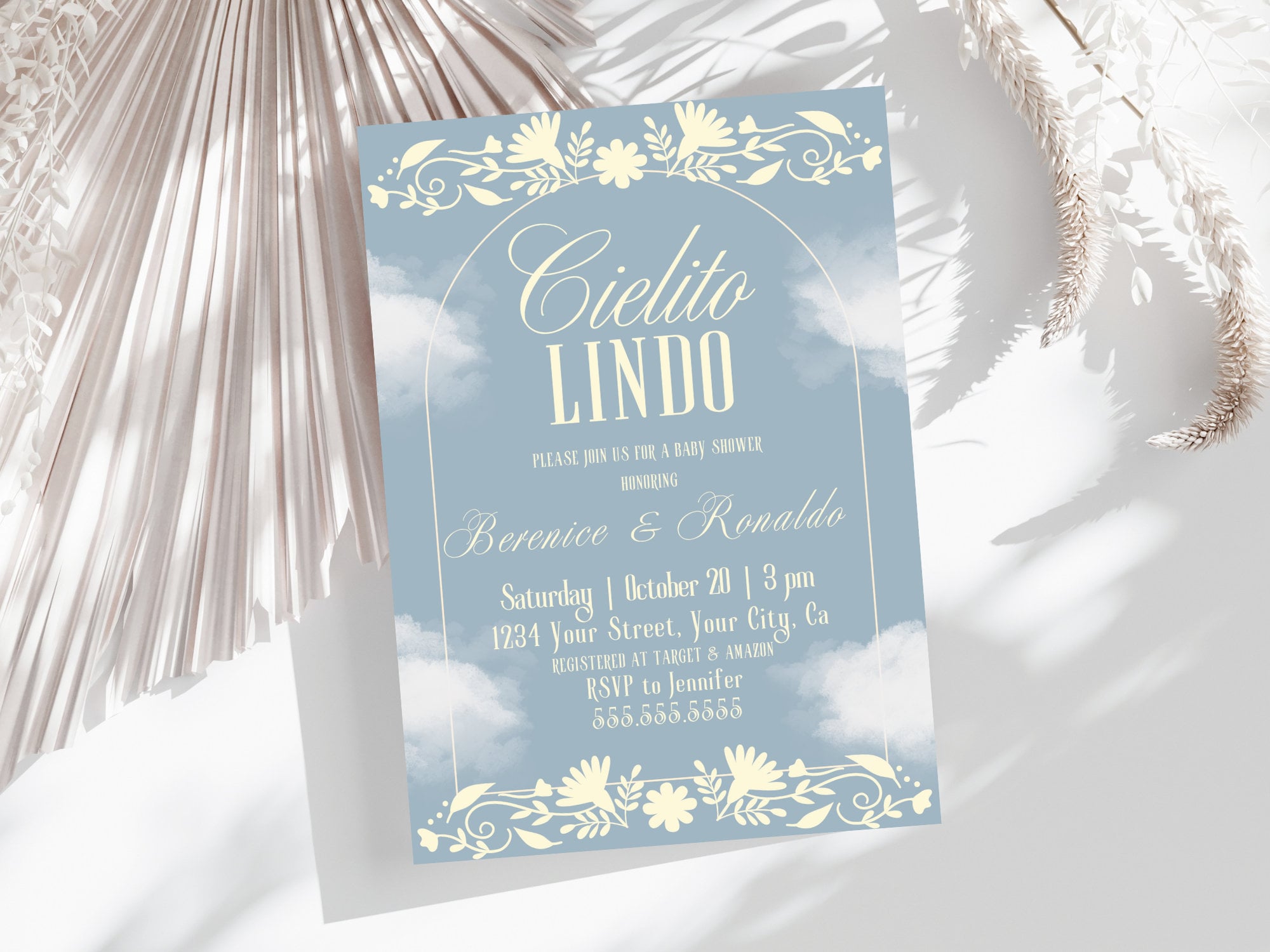 Cielito Lindo Blue Baby Shower Invitation, Blue Clouds, Talavera Theme ...