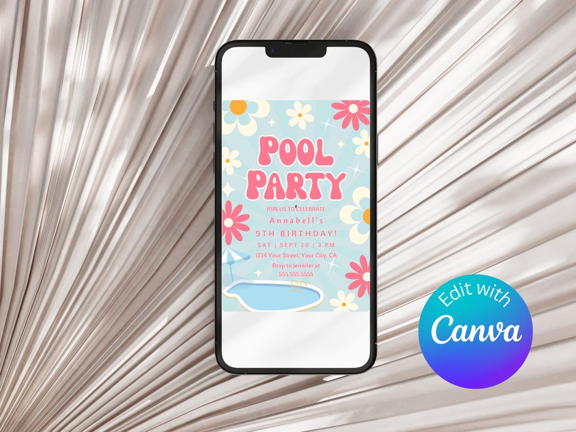 Summer Pool Party Invitation, Groovy Birthday, Daisies Retro Pool ...