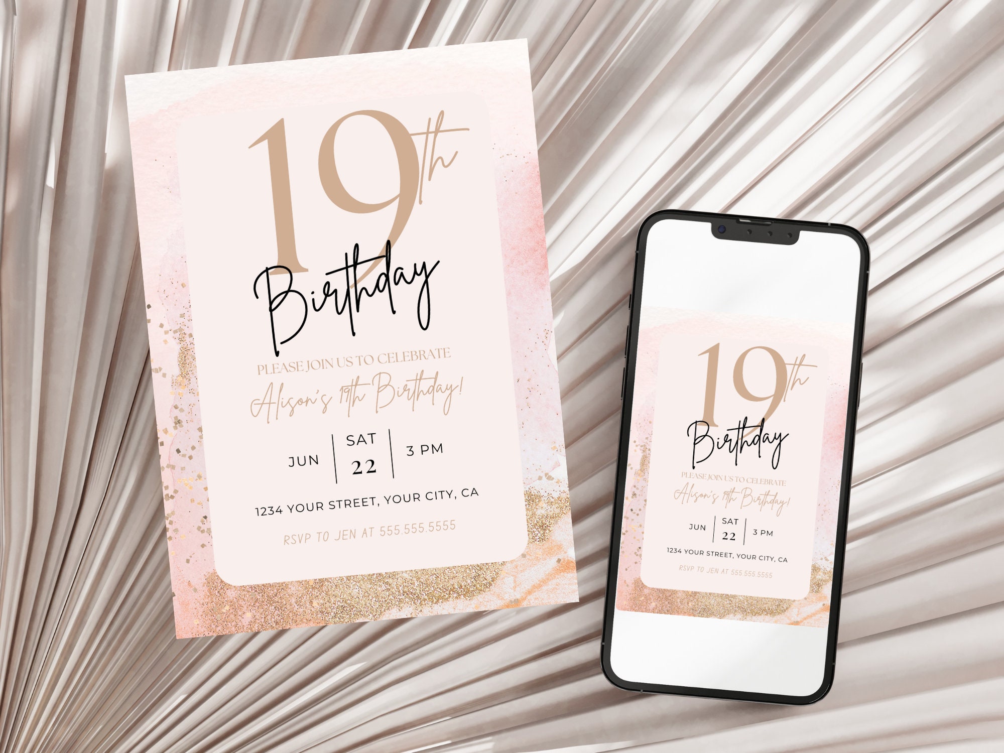 Pink Gold Nineteen Birthday Party Digital Invitation, Pink Rosegold ...