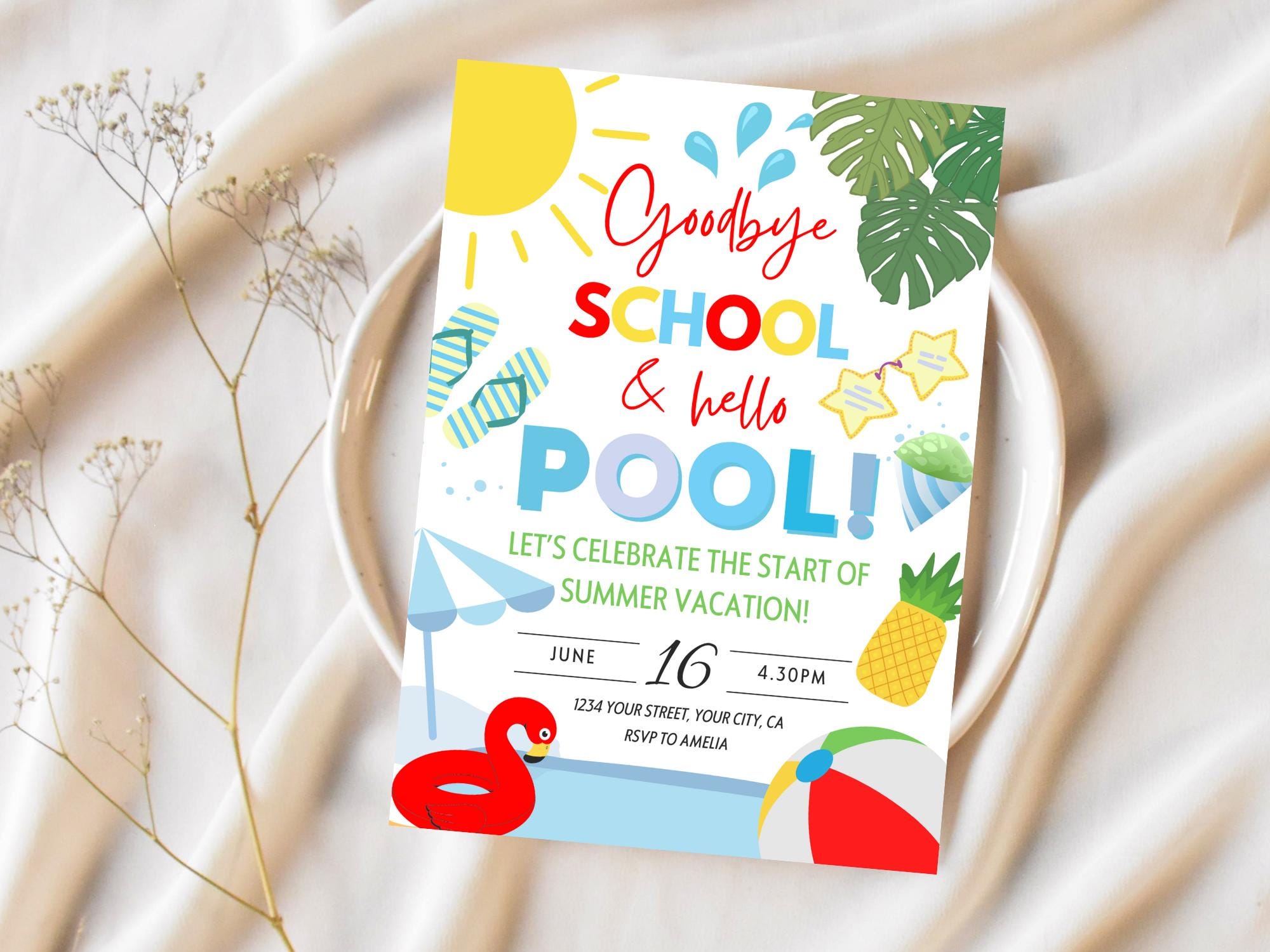 Goodbye School & Hello Pool, Editable, Kids Party, Pool Party, End of ...