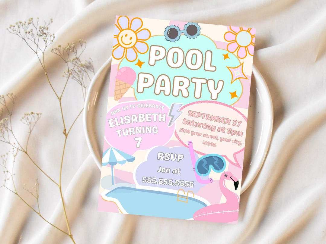 Groovy Girl Pool Party, Any Age Editable, Pool Party Invite, Swim Party ...