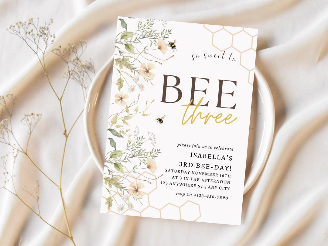 So Sweet to Bee Three, Bee Third Birthday Invitation, 3rd Birthday Bee ...