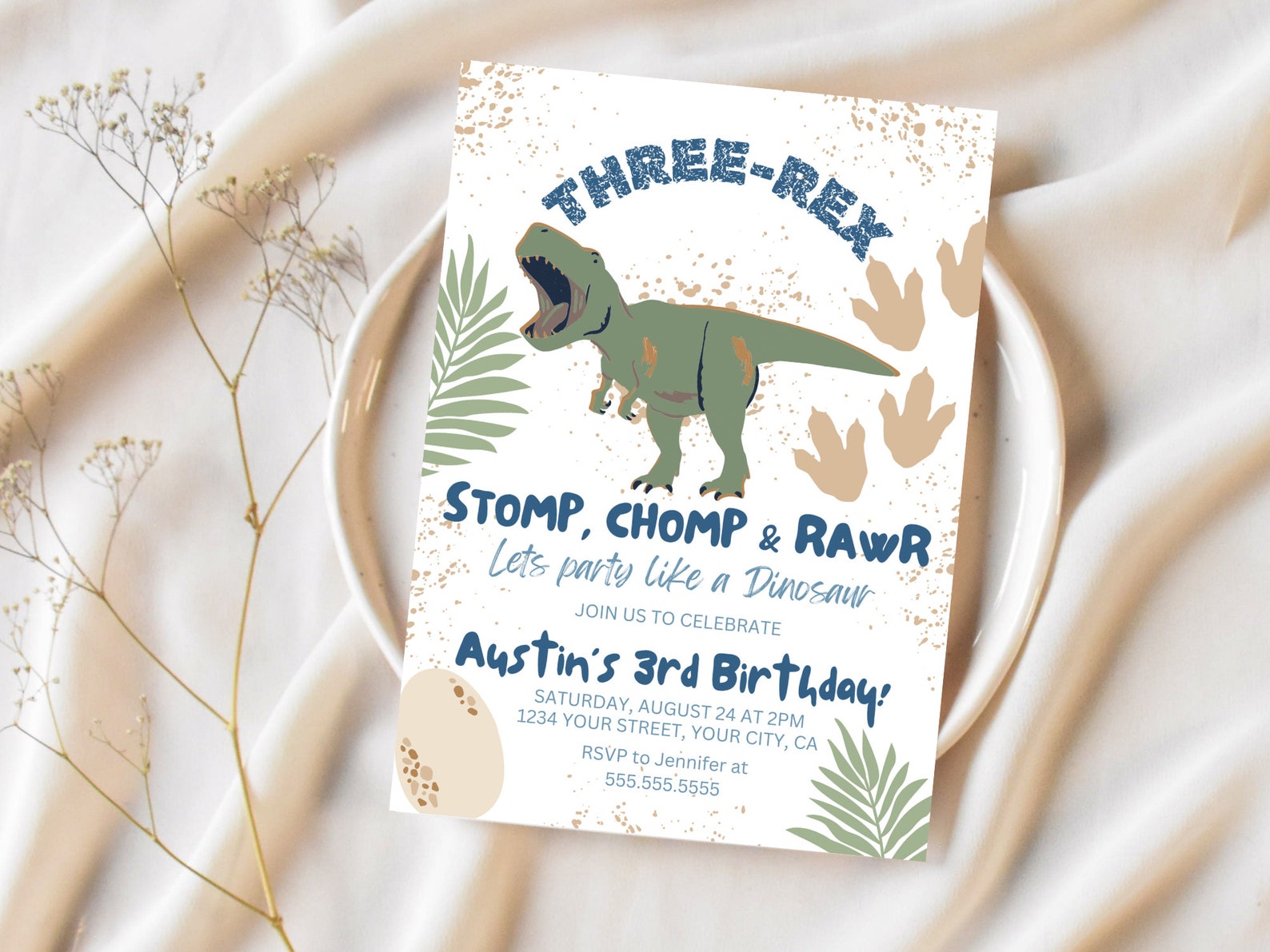 Three Rex Birthday Invitation, Dinosaur 3rd Birthday Invite, Stomp ...