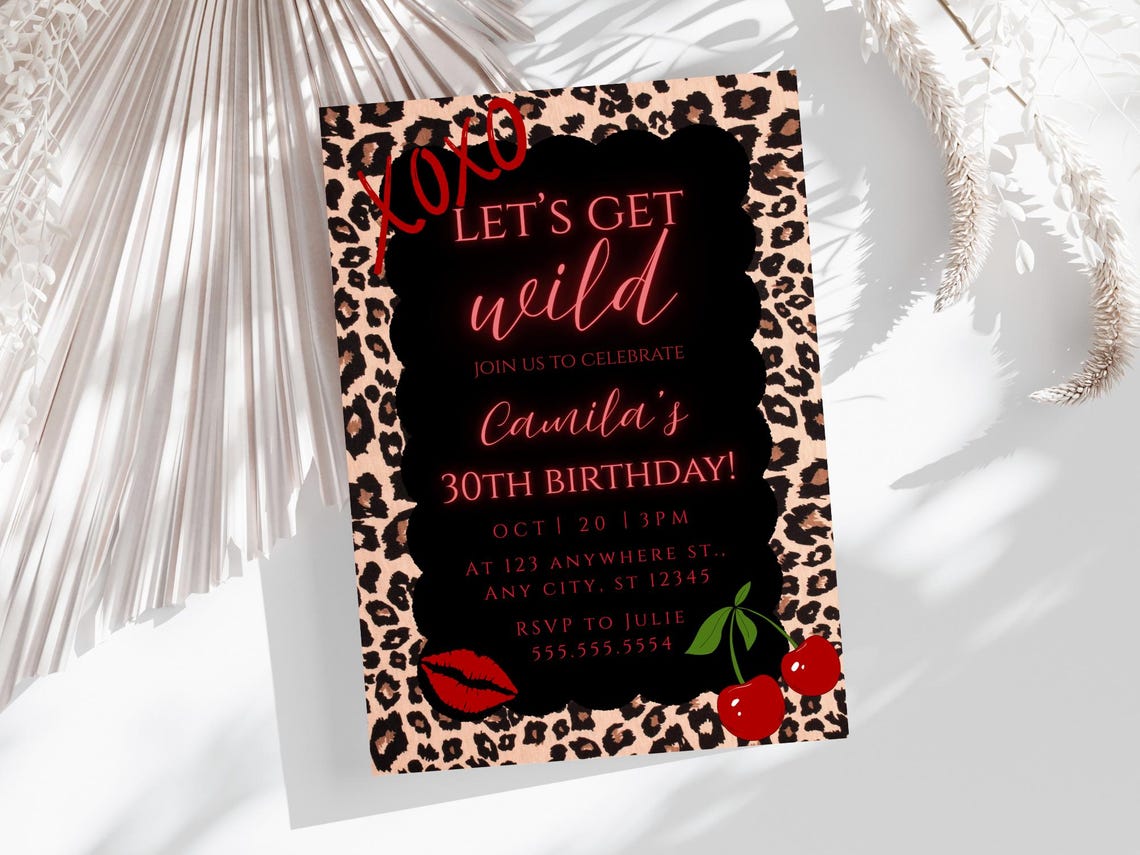 Cheetah Leopard Print Birthday Invite, Cherries, Editable, Black and ...