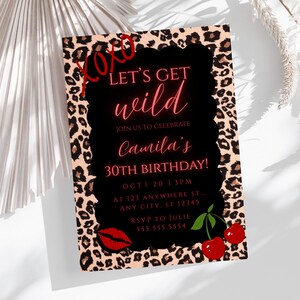 Cheetah Leopard Print Birthday Invite, Cherries, Editable, Black and ...