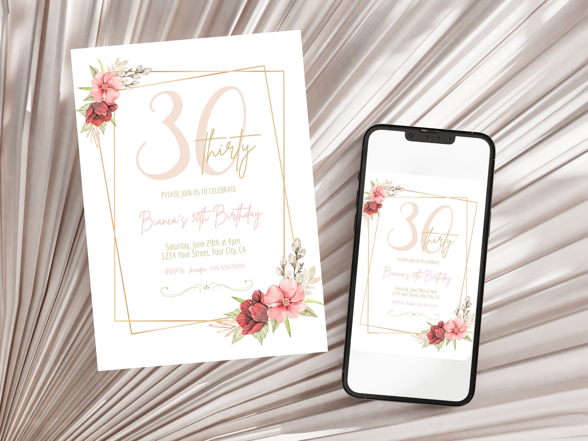 Blush Pink Floral 30th Birthday Party Digital Invite, Pink Gold Turning ...