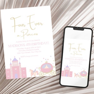 Four Ever a Princess Birthday Invitation, 4th Birthday Princess Invite ...