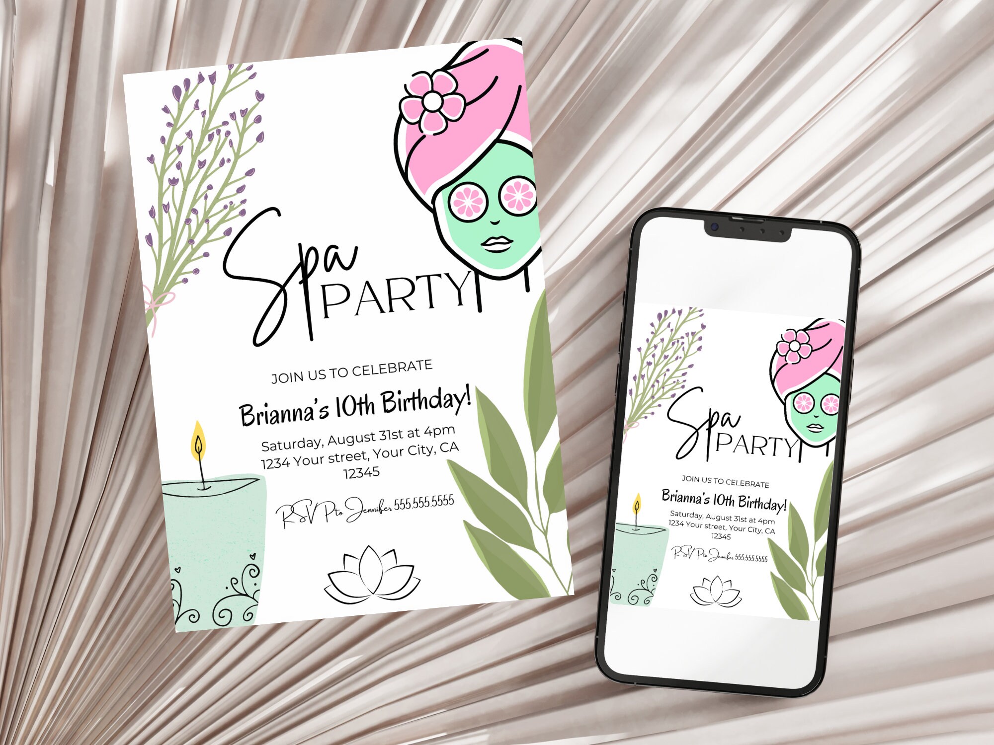 Spa Party Invitation, Any Age, Lavender Candle Facial, Relaxation Girls ...