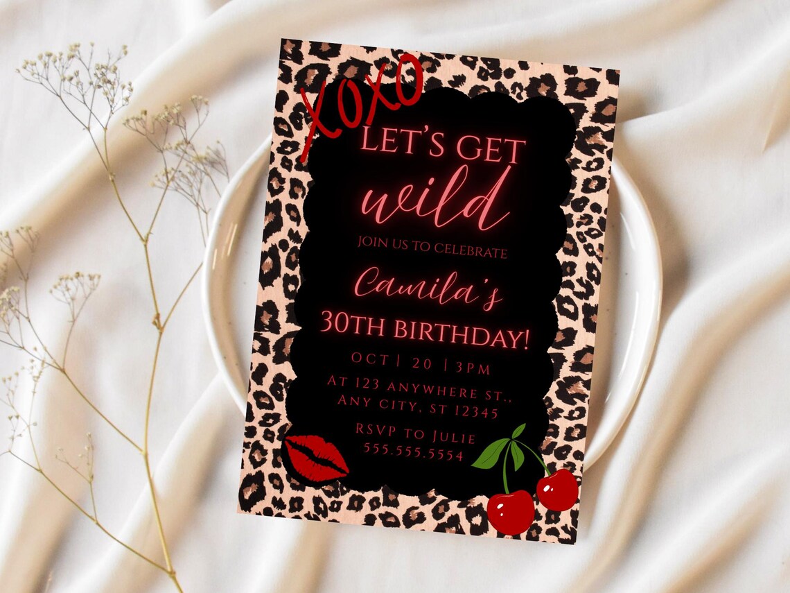 Cheetah Leopard Print Birthday Invite, Cherries, Editable, Black and ...