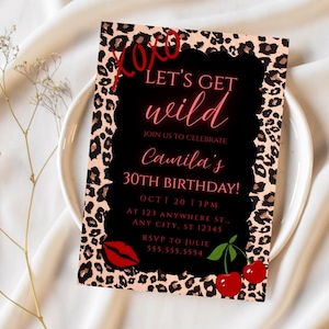 Cheetah Leopard Print Birthday Invite, Cherries, Editable, Black and ...