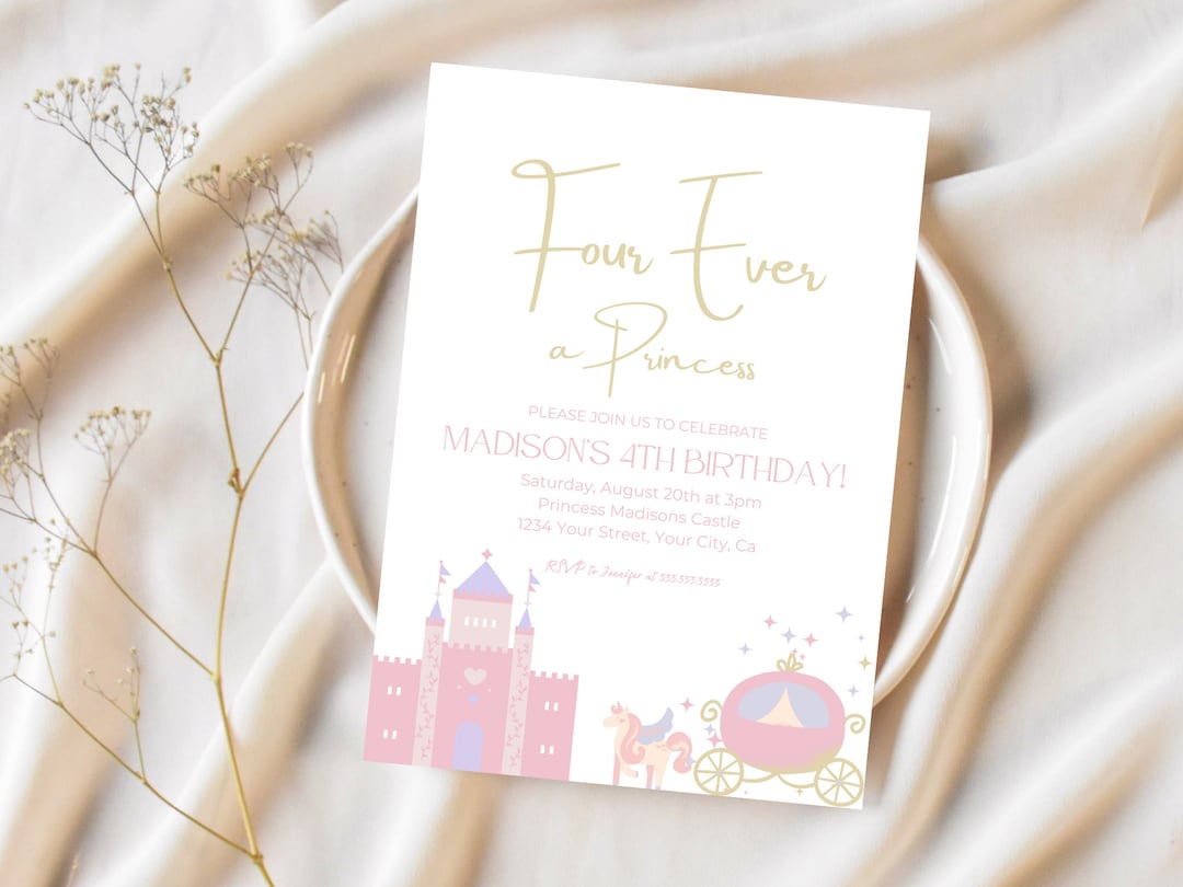 Four Ever a Princess Birthday Invitation, 4th Birthday Princess Invite ...