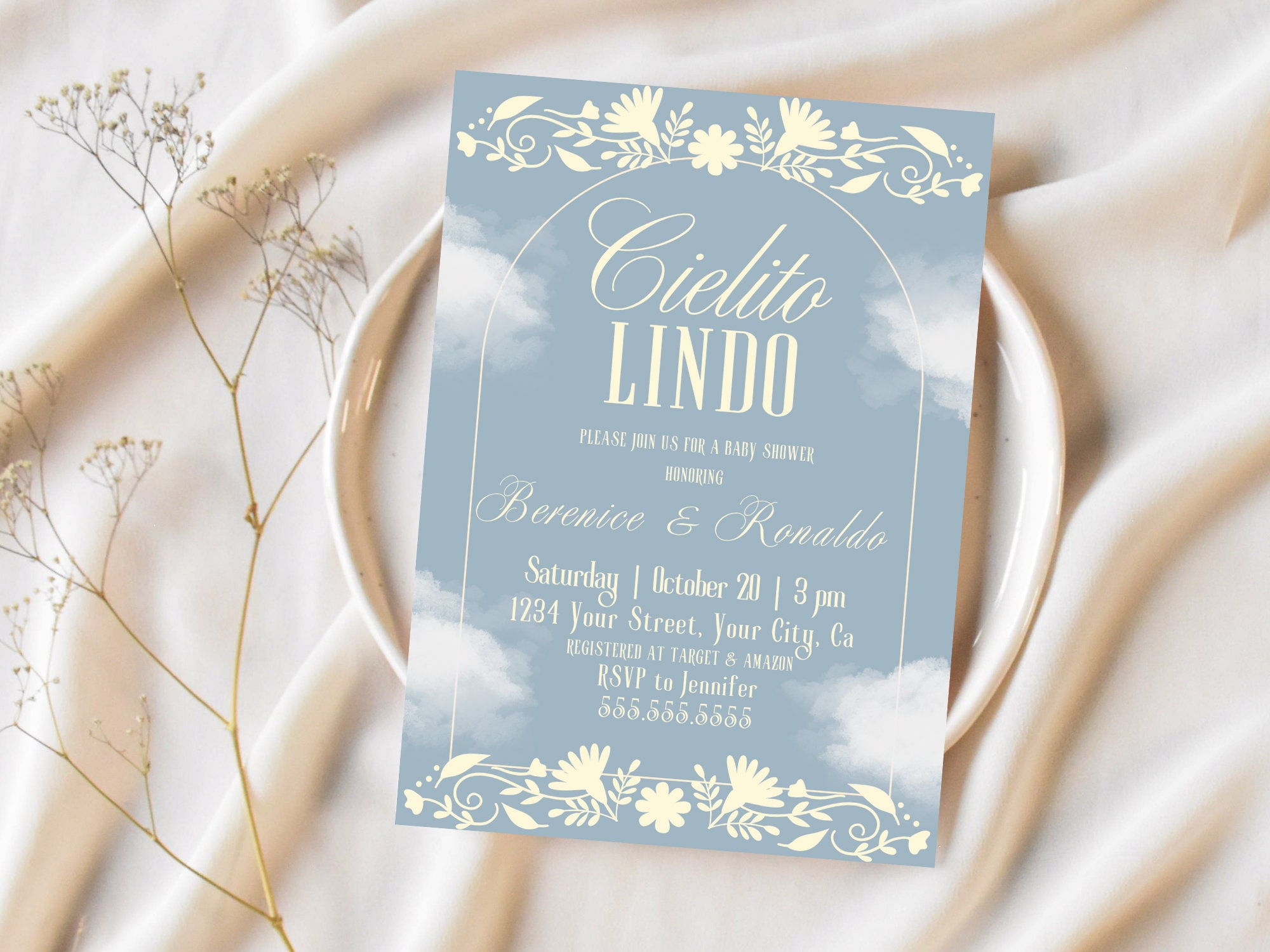 Cielito Lindo Blue Baby Shower Invitation, Blue Clouds, Talavera Theme ...