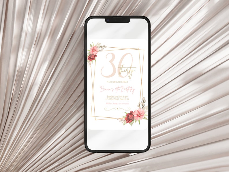 Blush Pink Floral 30th Birthday Party Digital Invite, Pink Gold Turning ...