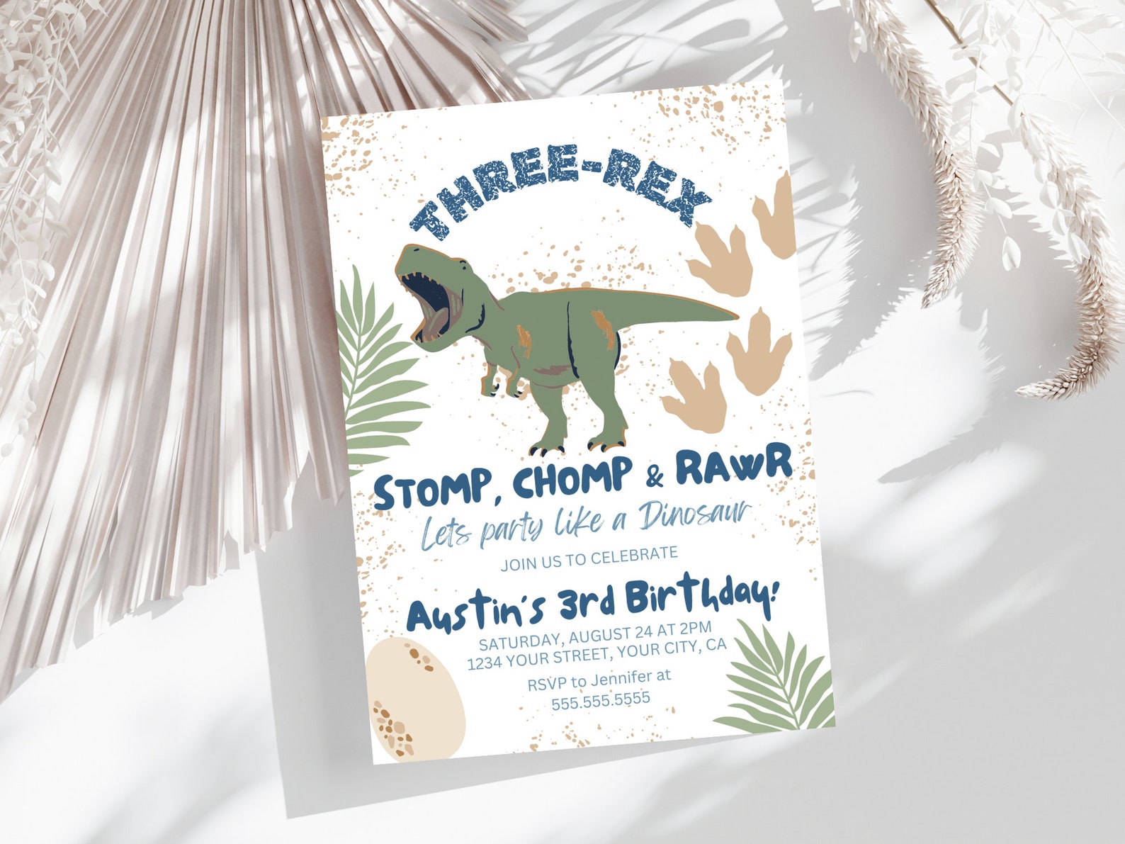 Three Rex Birthday Invitation, Dinosaur 3rd Birthday Invite, Stomp ...