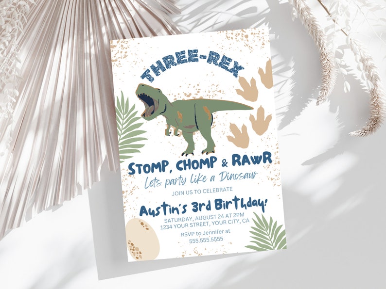 Three Rex Birthday Invitation, Dinosaur 3rd Birthday Invite, Stomp ...