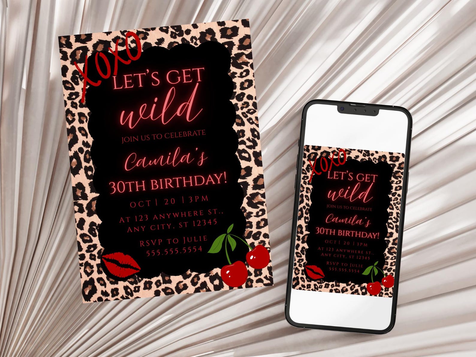 Cheetah Leopard Print Birthday Invite, Cherries, Editable, Black and ...
