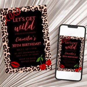 Cheetah Leopard Print Birthday Invite, Cherries, Editable, Black and ...