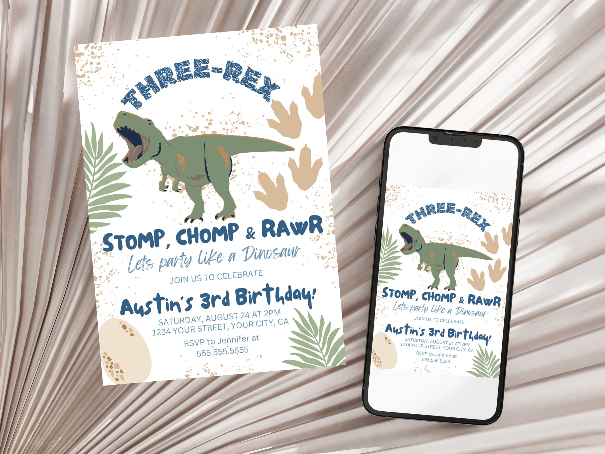 Three Rex Birthday Invitation, Dinosaur 3rd Birthday Invite, Stomp ...