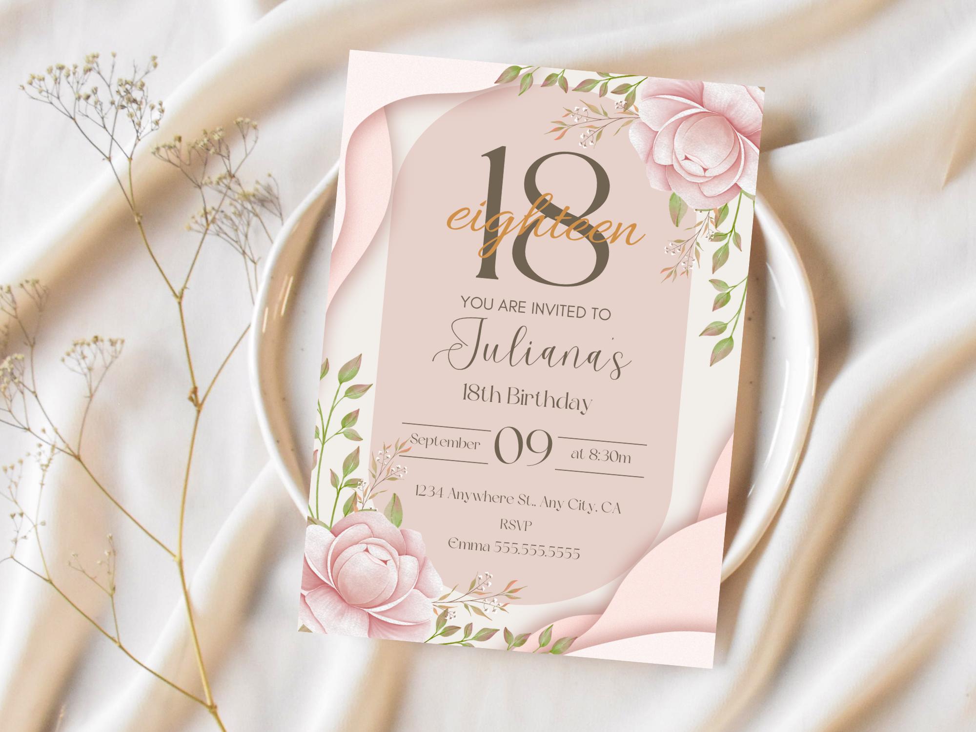 18th Birthday Floral Invitation Template, Pink Eighteenth Birthday ...
