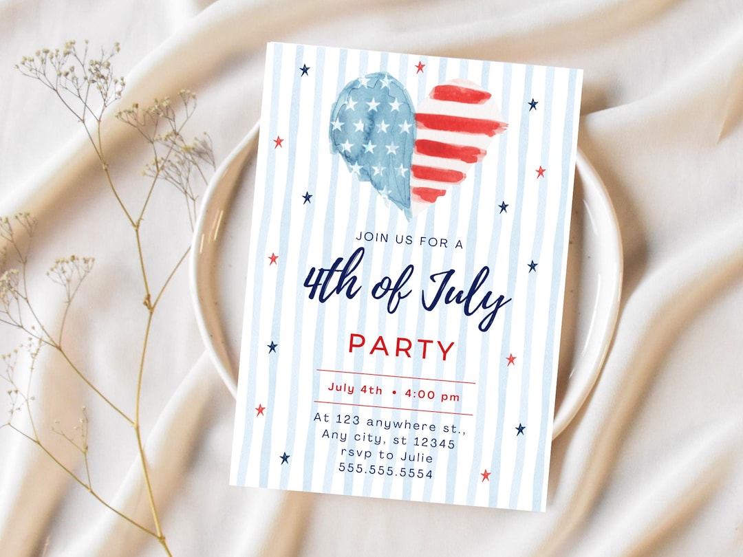 4th of July Party Invite, Fourth of July Invitation, Blue Stripped ...