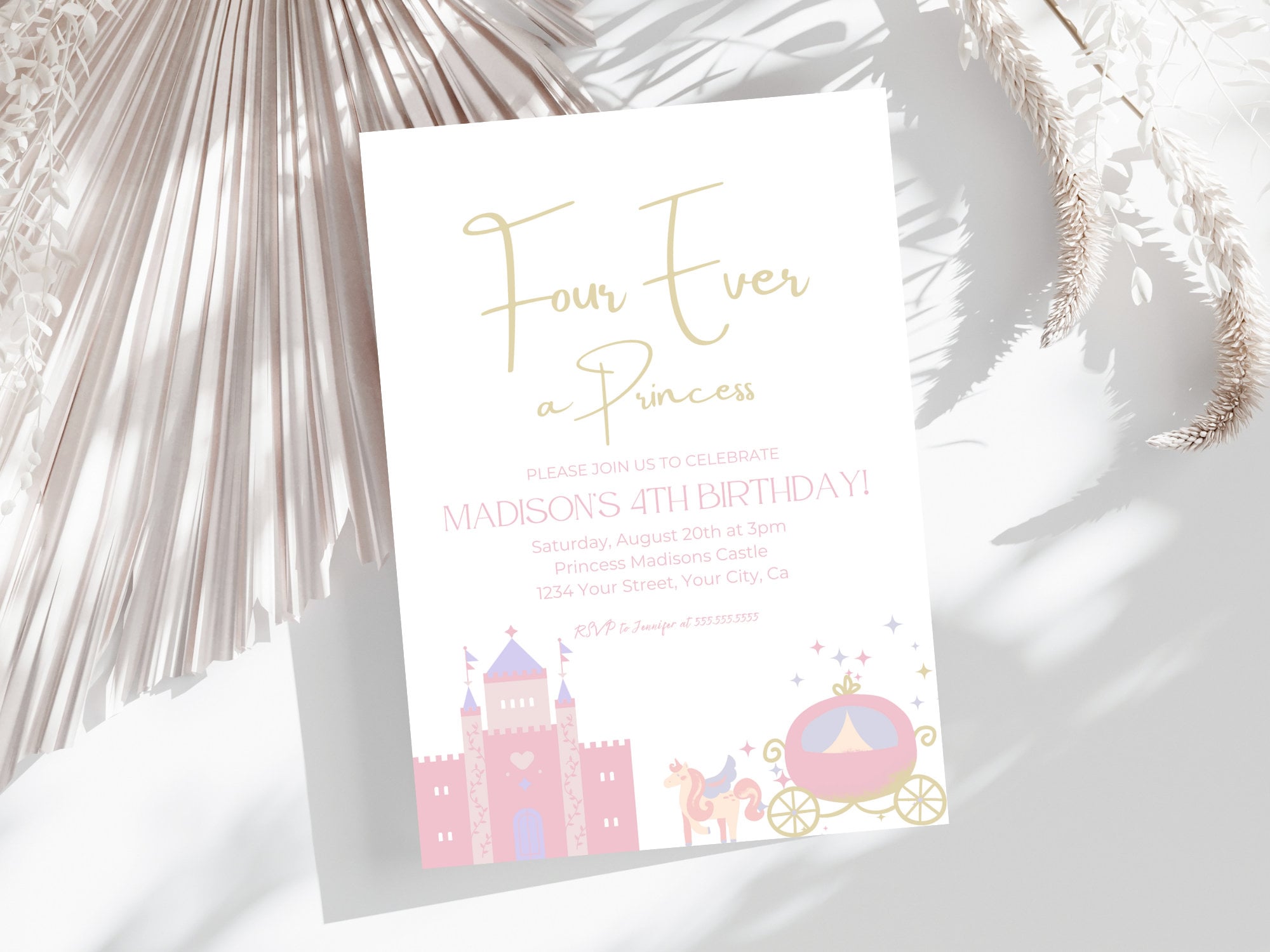 Four Ever a Princess Birthday Invitation, 4th Birthday Princess Invite ...