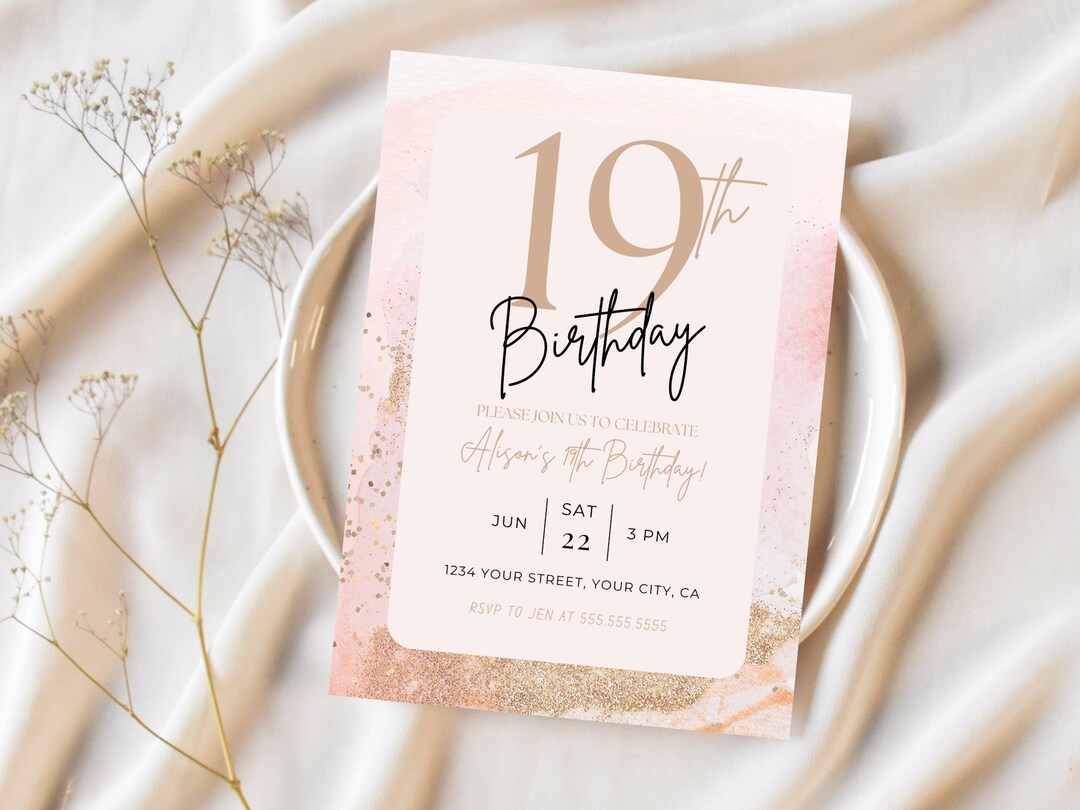 Pink Gold Nineteen Birthday Party Digital Invitation, Pink Rosegold ...