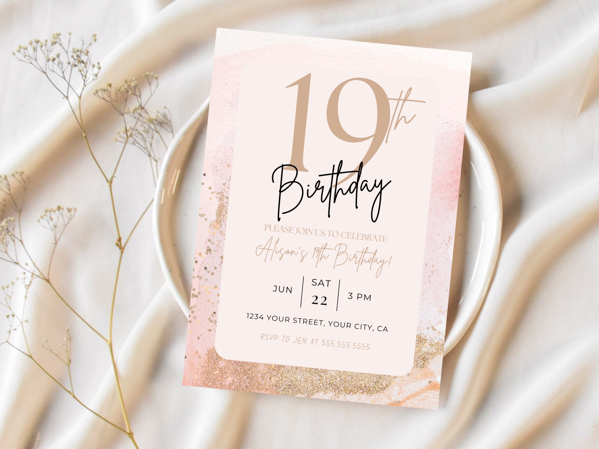 Pink Gold Nineteen Birthday Party Digital Invitation, Pink Rosegold ...