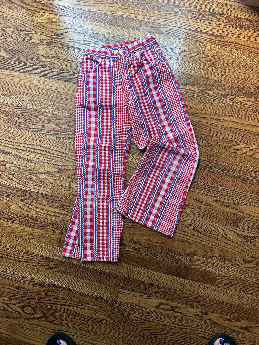 Vintage Red White and Blue Checked and Stripped Kids Bellbottom Jeans ...