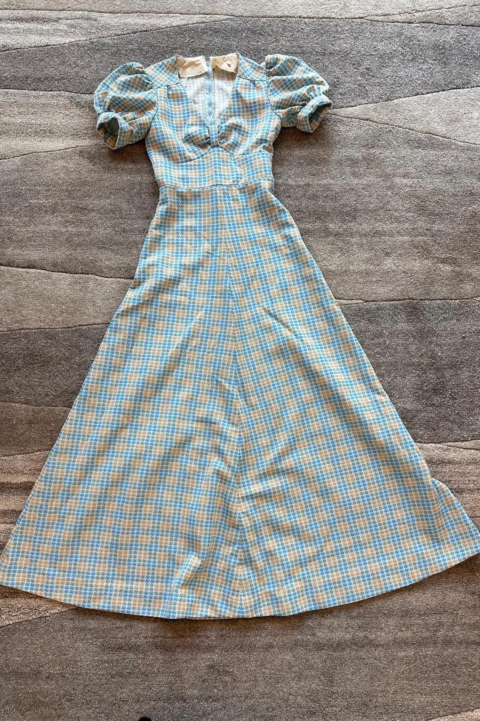 1970s Plaid Maxi Dress, Turquoise Green Gold, Puff Sleeve, XS - Etsy