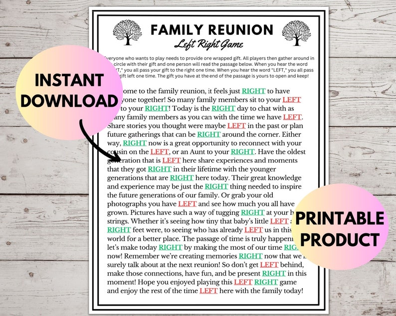 Family Reunion Left Right Game Printable Family Reunion Pass the Gift ...