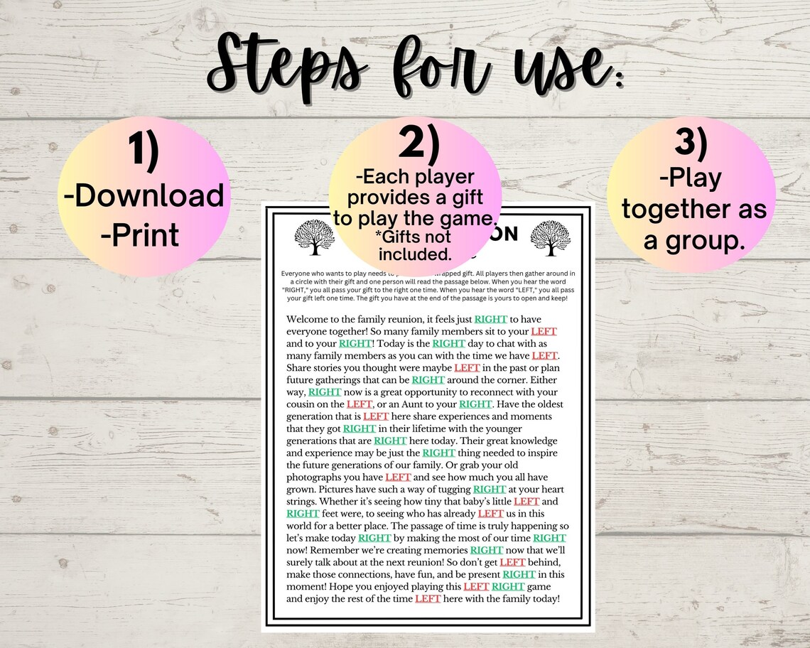 Family Reunion Left Right Game Printable Family Reunion Pass the Gift ...