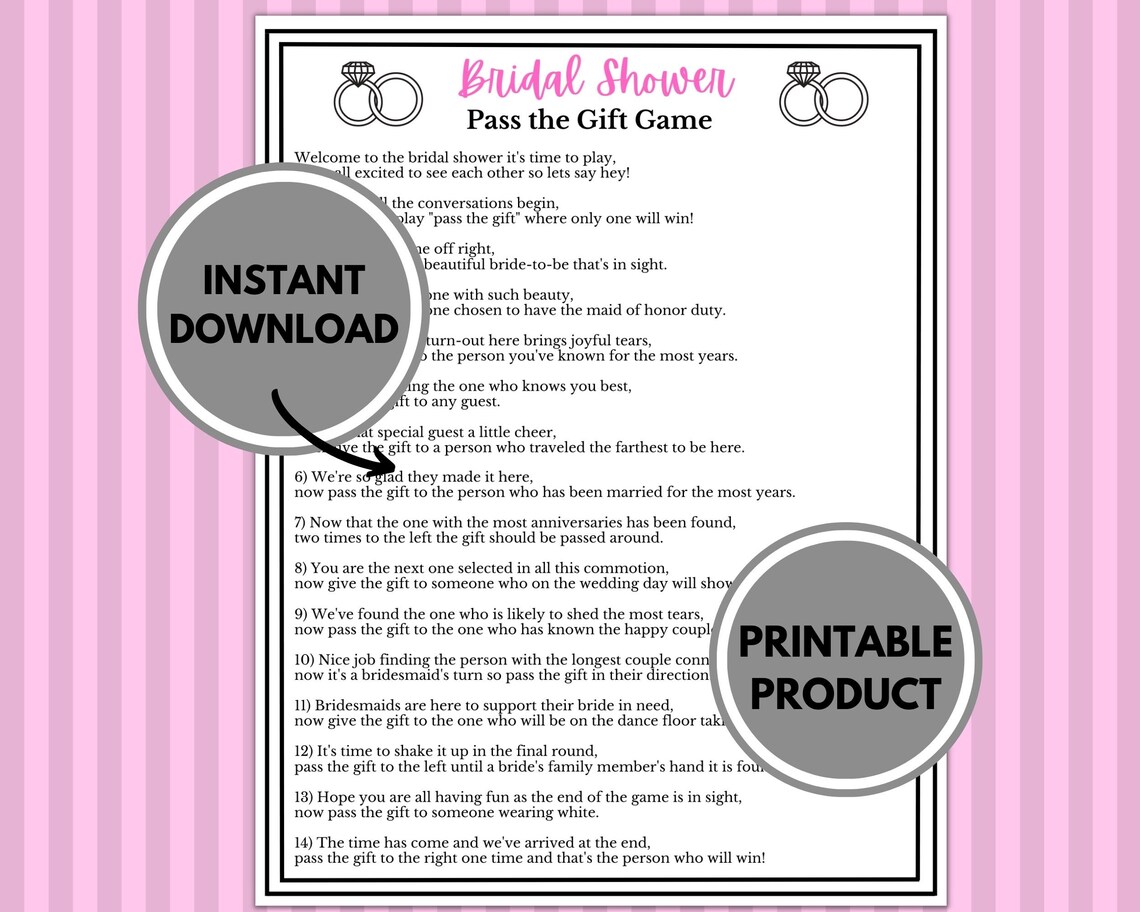 Bridal Shower Pass the Gift Game Printable Bridal Shower Find the Guest ...
