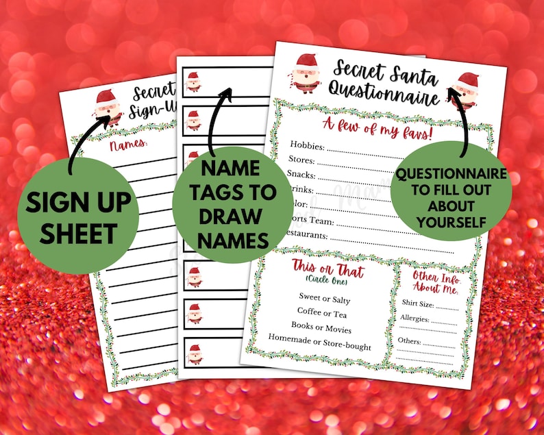 Secret Santa Gift Exchange Questionnaire Printable White Elephant ...
