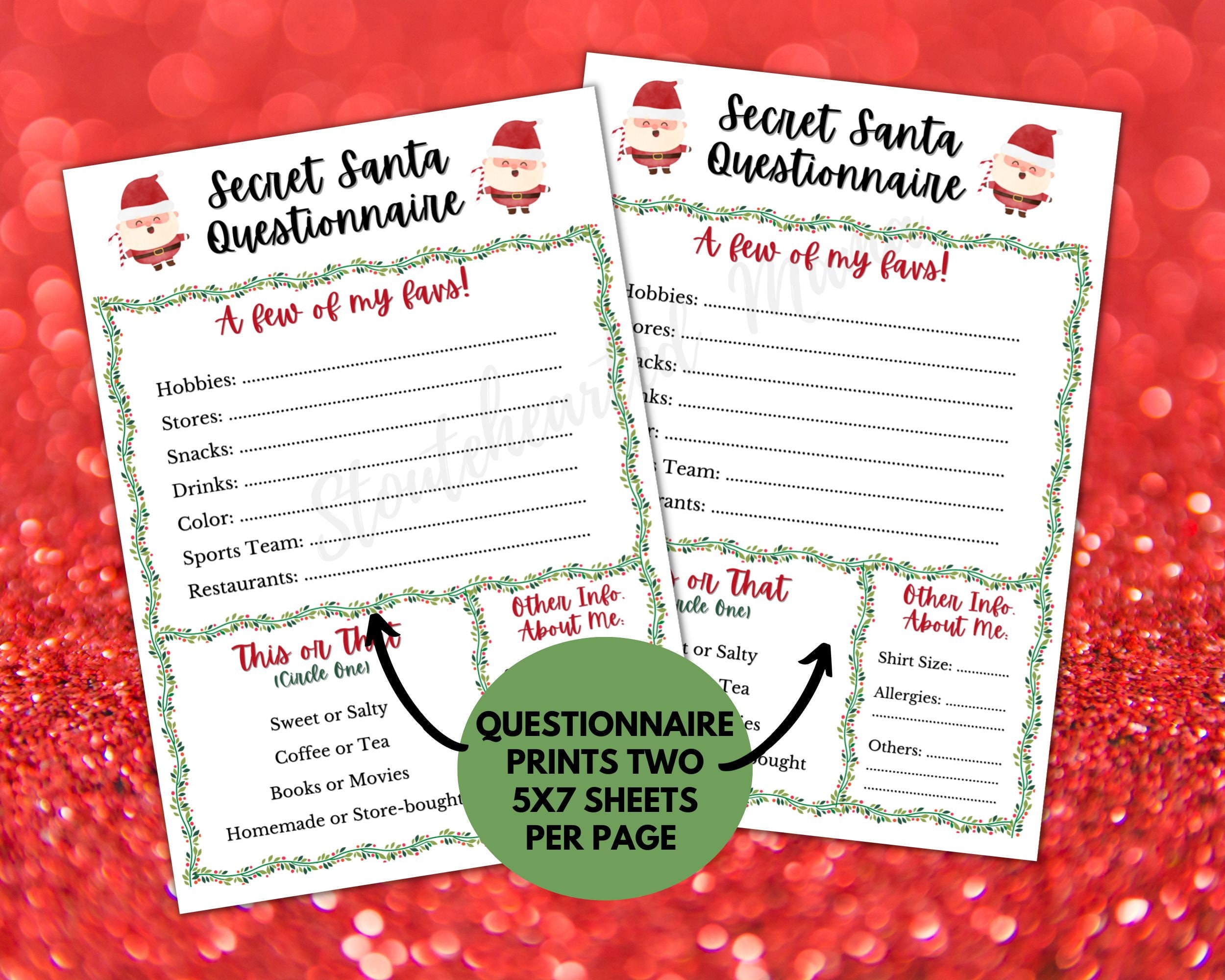 Secret Santa Gift Exchange Questionnaire Printable White Elephant ...