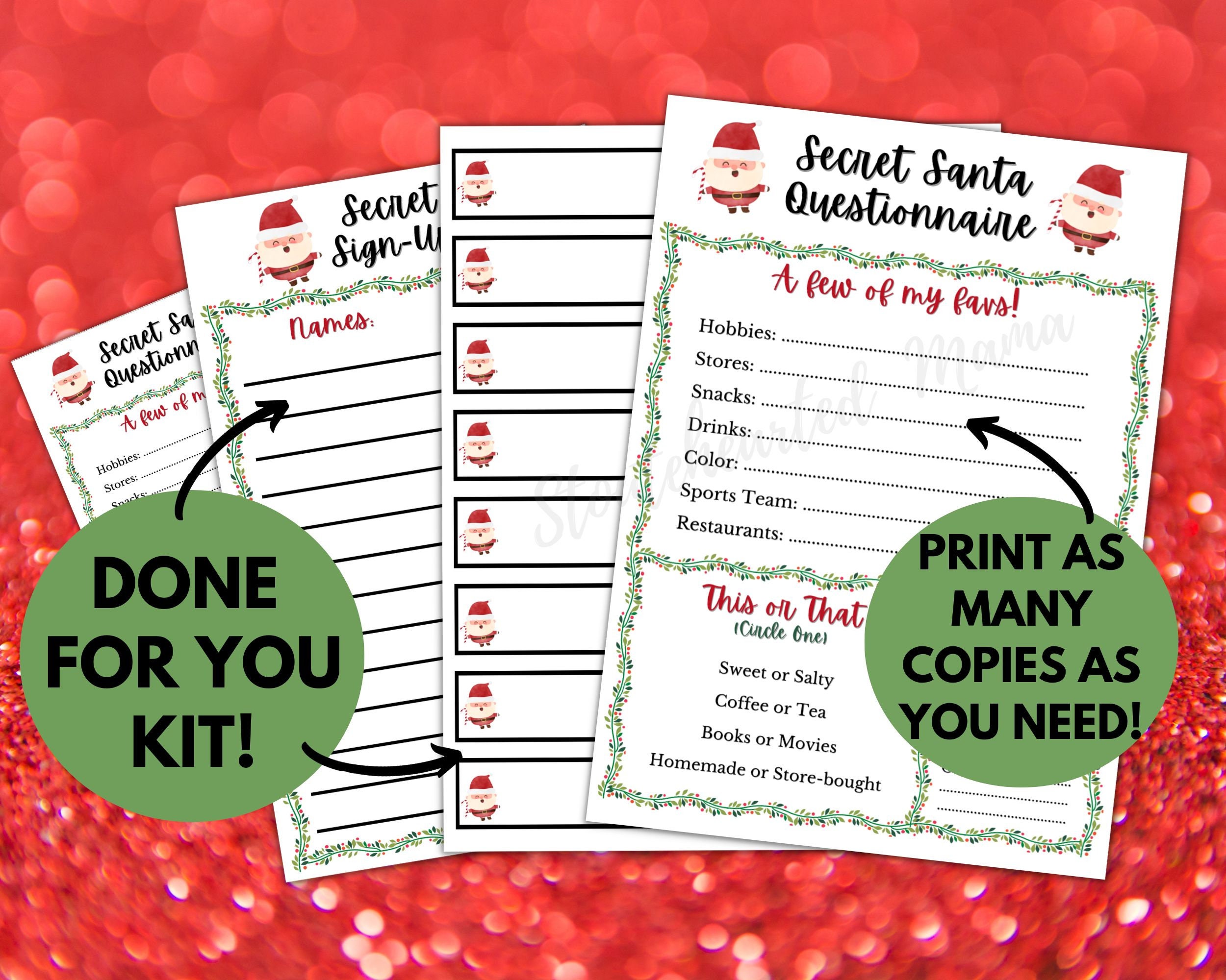 Secret Santa Gift Exchange Questionnaire Printable White Elephant ...