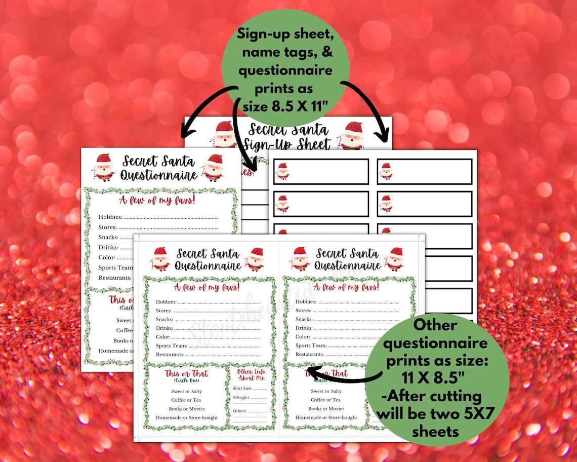 Secret Santa Gift Exchange Questionnaire Printable White Elephant ...